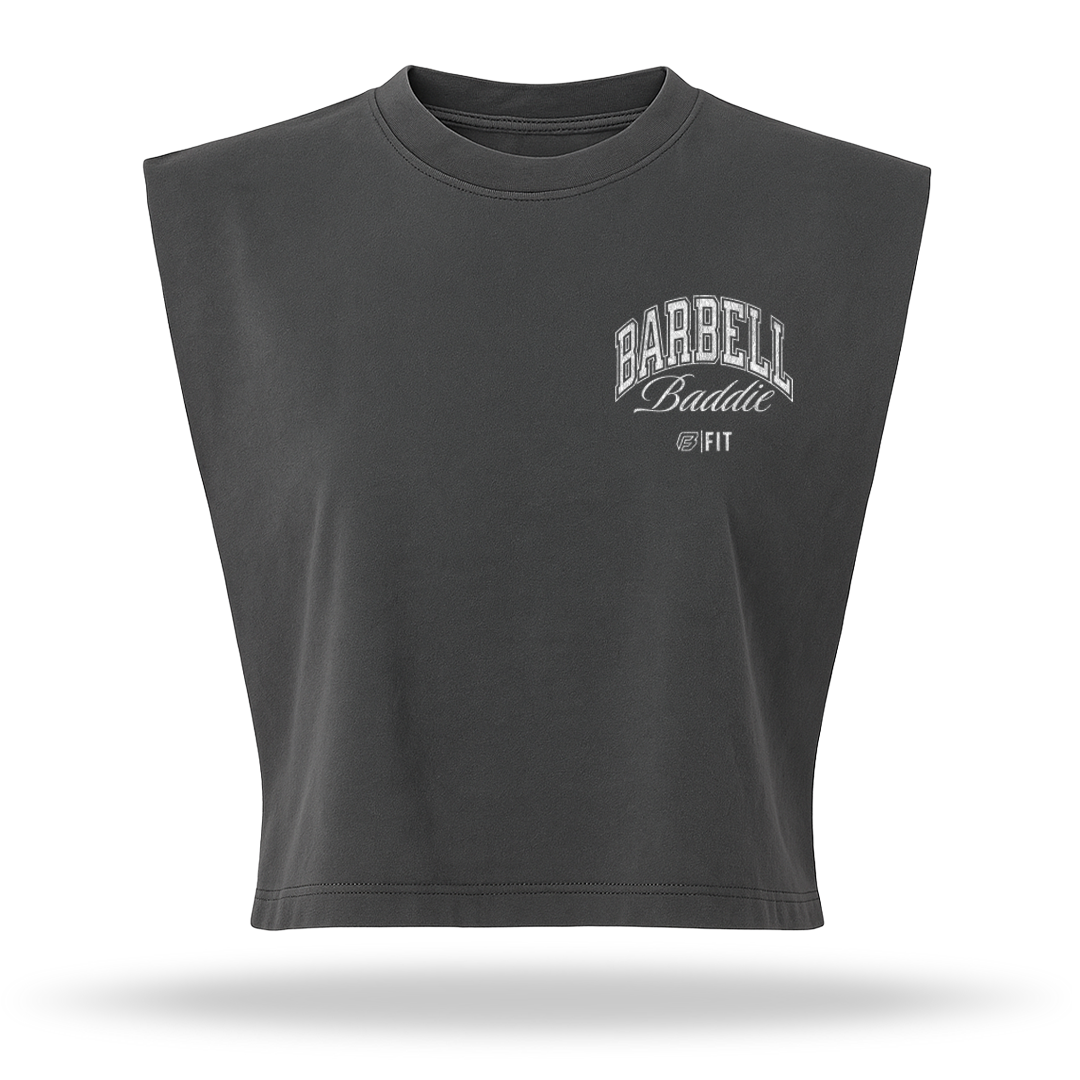 "BARBELL BADDIE" MUSCLE CROP (FADED BLACK) – BulkGear