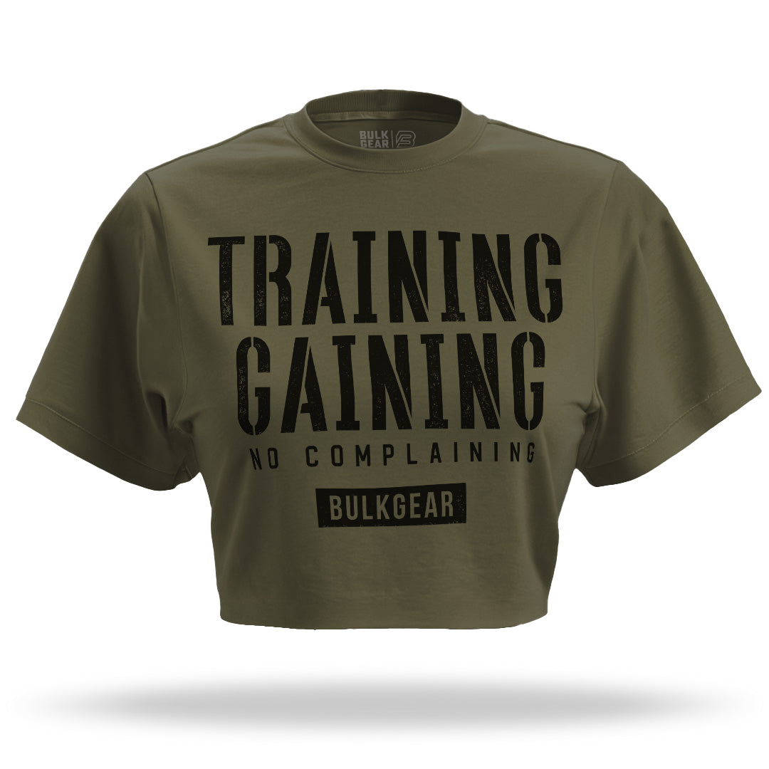 "TRAINING AND GAINING" Crop Top (Military) – BulkGear